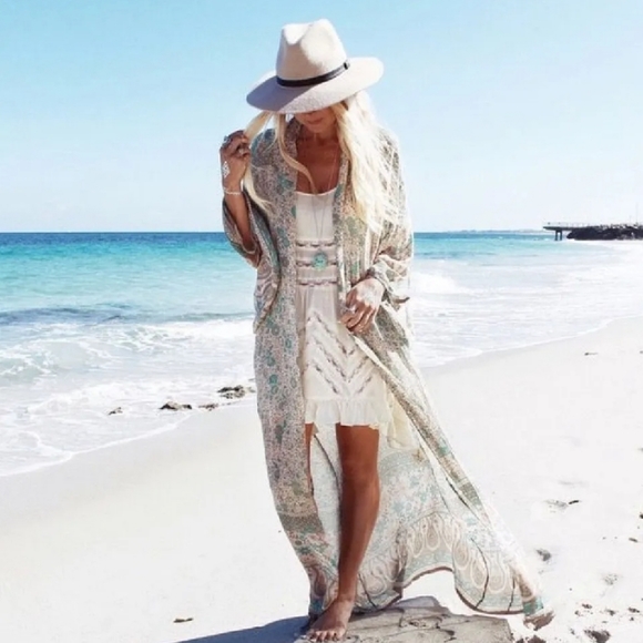 Dresses | New Boho Cottage Floral Maxi Kimono Duster Cover Up Green Tan ...